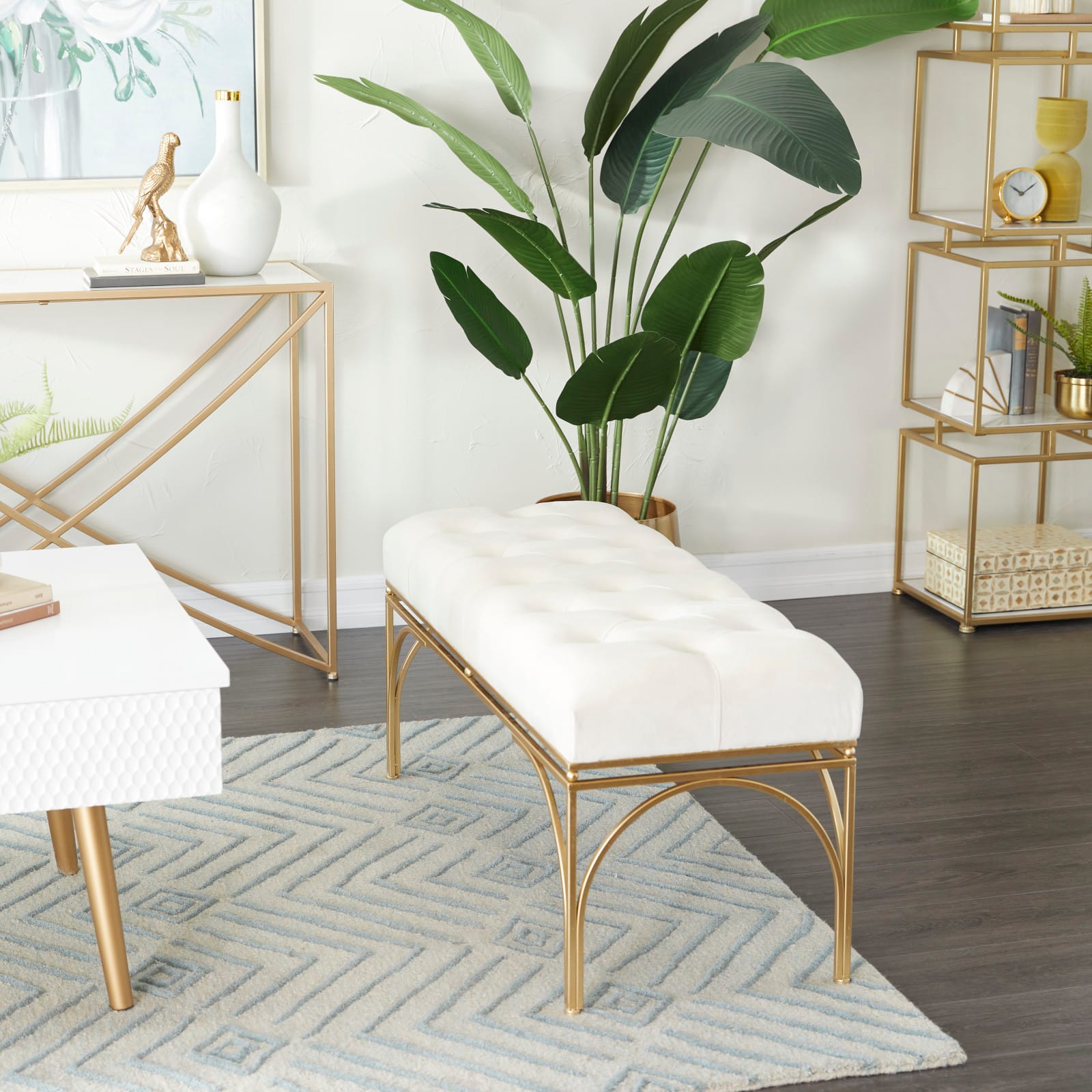 White Metal Glam Bench, 18" x 39" x 16" | Benches | Michaels