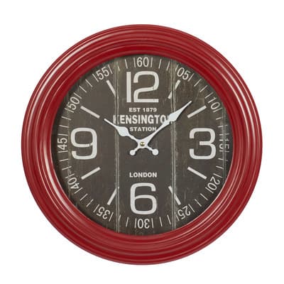 Farmhouse Round Red Metal and Wood Kensington Station Wall Clock, 14" x ...