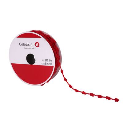 0.27" x 30ft. Red Pom Pom Wired Trim Ribbon by Celebrate It® Christmas ...
