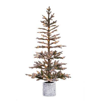 5ft. Pre-Lit Flocked Timberland Fir Artificial Potted Christmas Tree ...