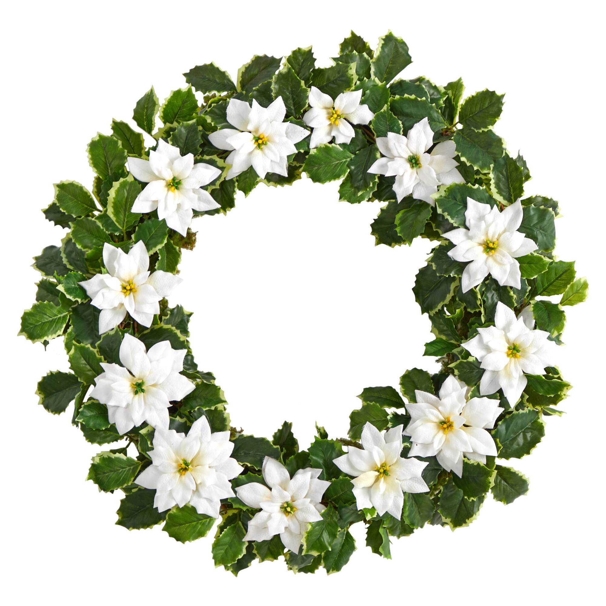21" White Poinsettia & Variegated Holly Christmas Wreath | Michaels