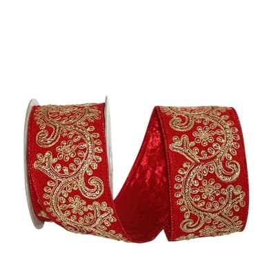 JAM Paper 2.5" x 5yd. Red & Gold Sequin Scroll Wired Lamé Ribbon | Michaels