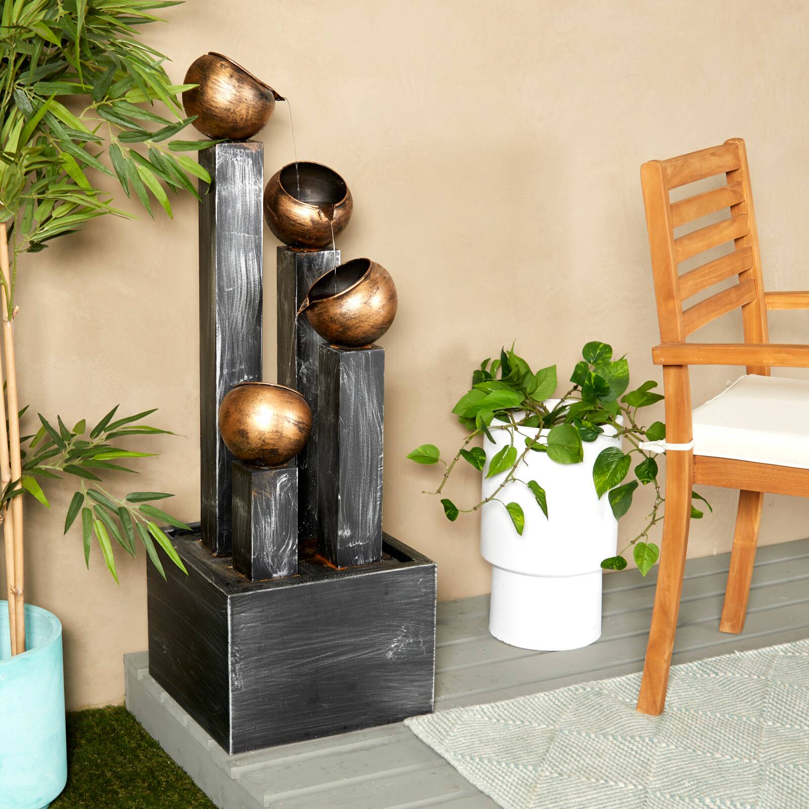 42" Dark Gray Metal Whitewashed Elevated Pillar Fountain with Round ...