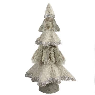 20" Gray Sisal & Faux Fur Triangular Christmas Tree with Silver Glitter ...