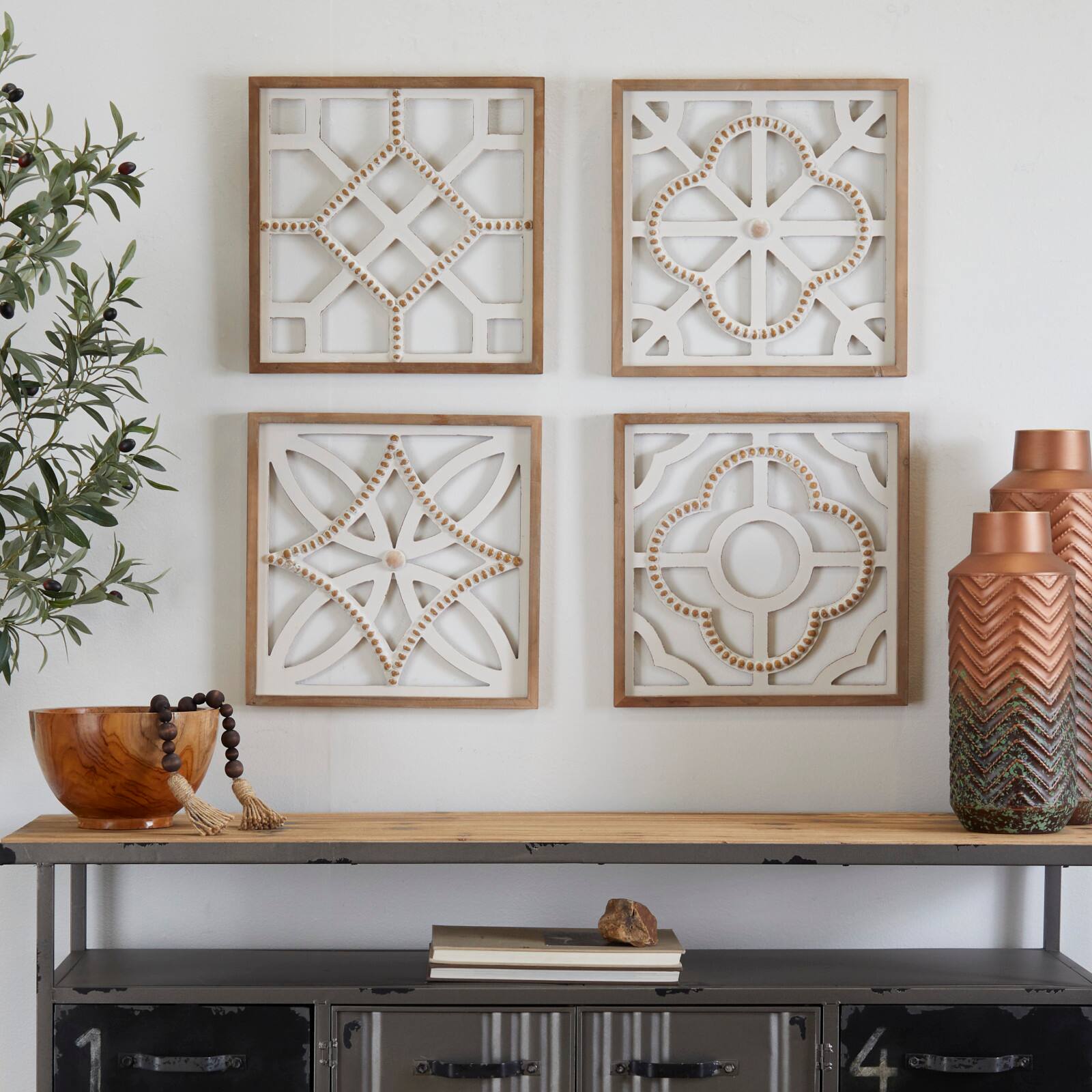 White Wood Beaded Geometric Wall Decor Set of 4 15", 15" | Wall Art ...