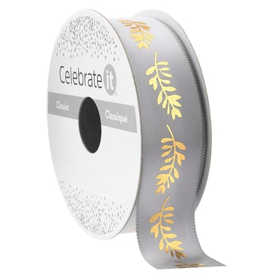 7/8" x 5yd. Satin Gold Foil Leaf Stem Ribbon by Celebrate It® Classic ...