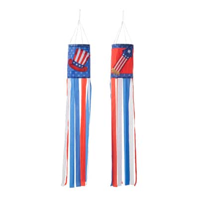 Glitzhome® 44" Patriotic Americana Uncle Sam Hat & Fireworks Windsocks ...