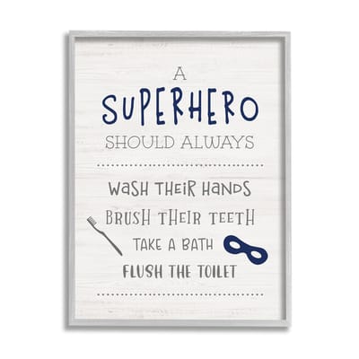 Stupell Industries Superhero Bathroom Rules Good Hygiene Phrases Blue ...