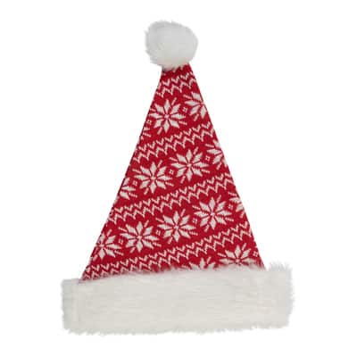17" Red & White Nordic Snowflake Striped Santa Hat with Pom Pom | Michaels