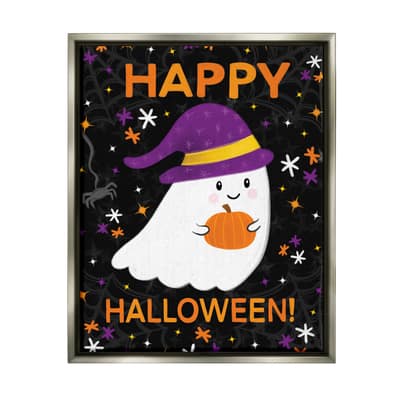 Stupell Industries Happy Halloween Happy Ghost Framed Floater Canvas ...
