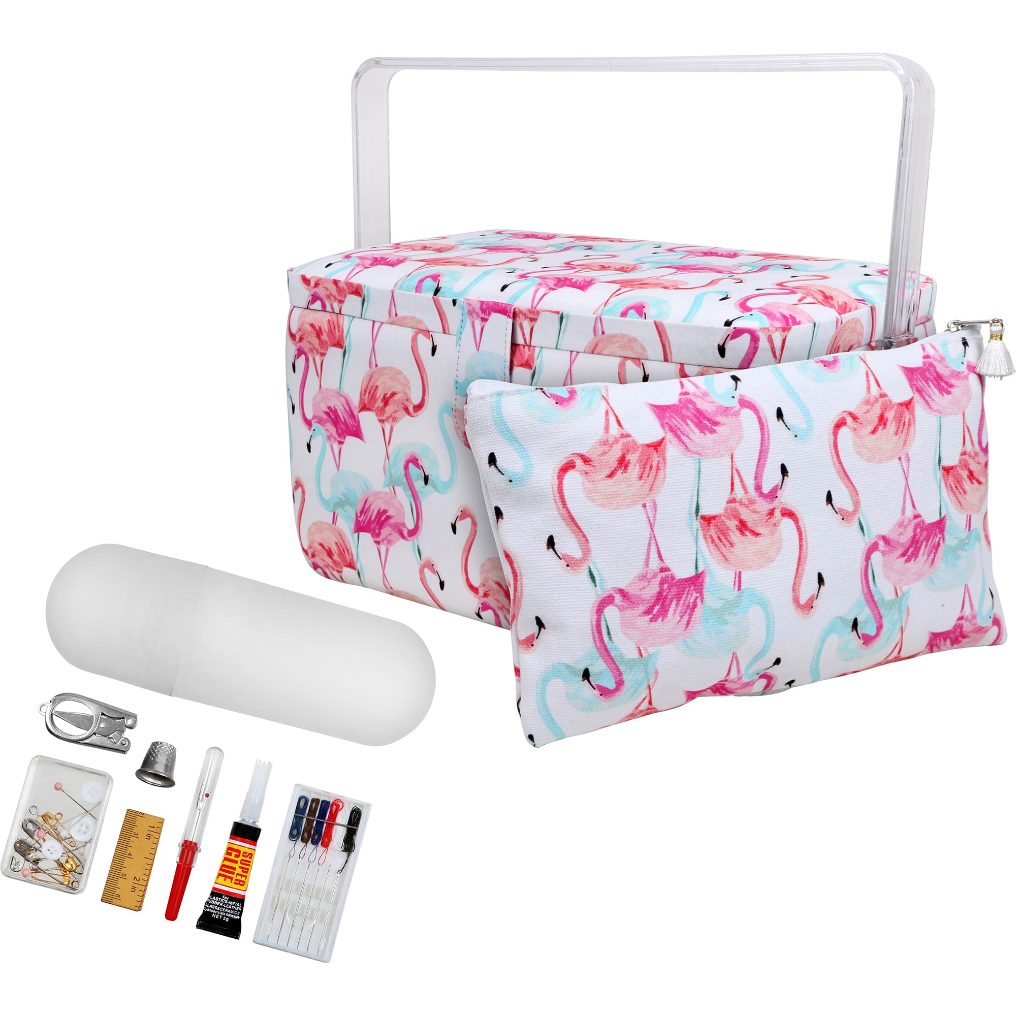 SINGER® Large Flamingo Print Sewing Basket with Matching Pouch Sew Kit ...
