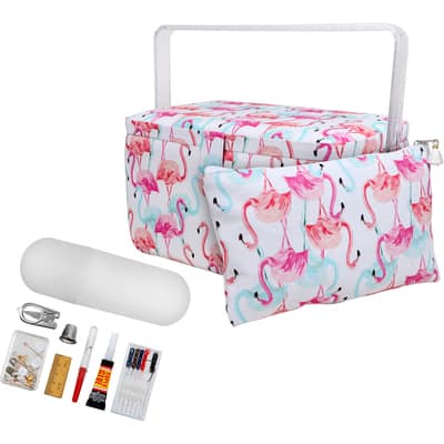 SINGER® Large Flamingo Print Sewing Basket with Matching Pouch Sew Kit ...