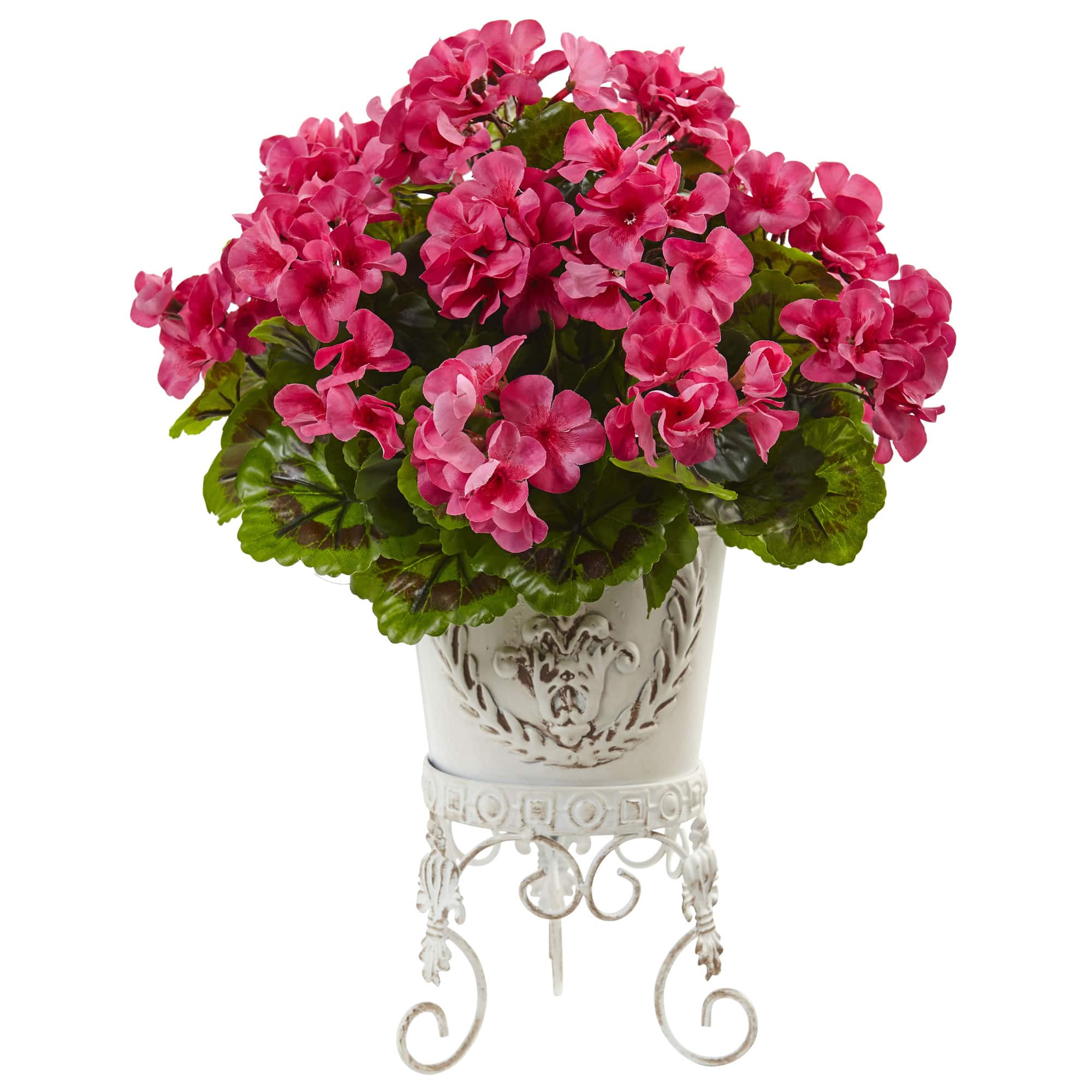 18.5" Pink UV Resistant Geranium Arrangement with White Metal Planter ...