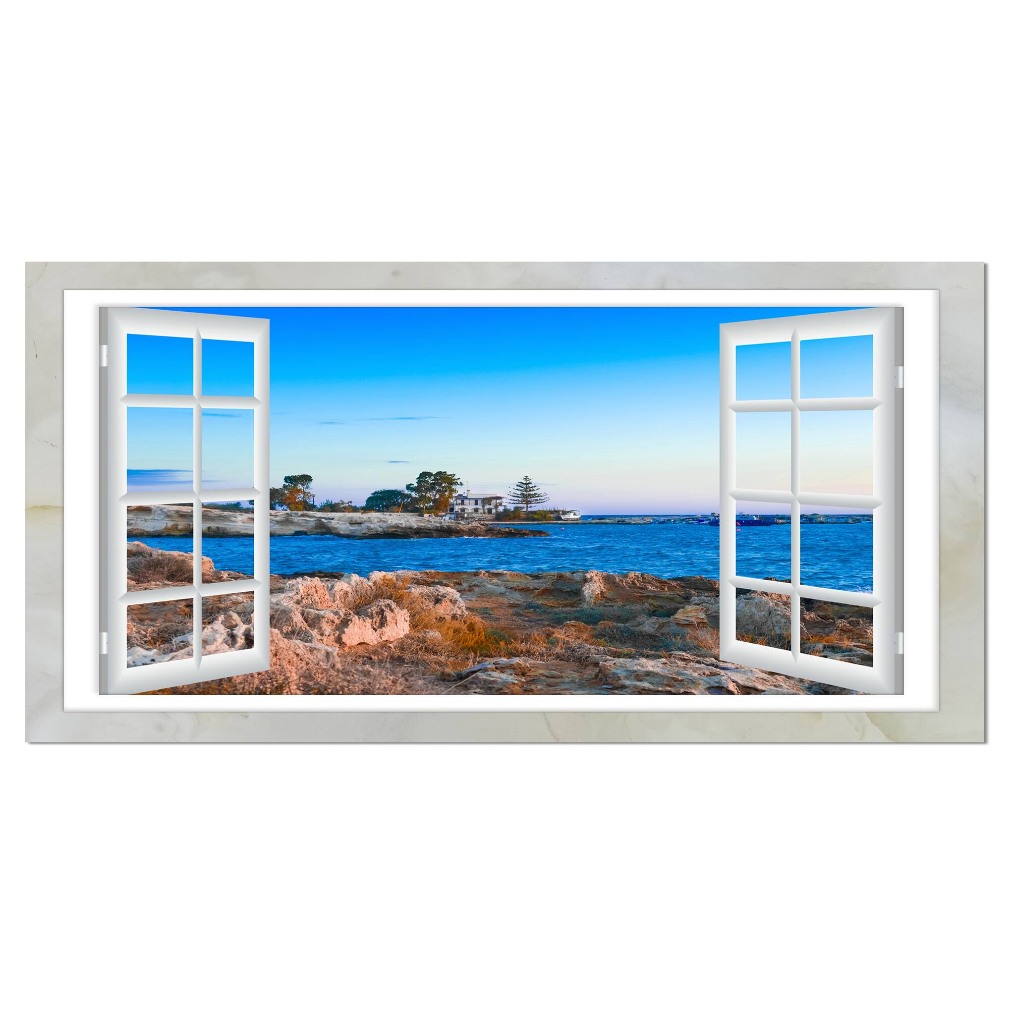 Designart - Open Window to Blue Seashore - Oversized Landscape Wall Art ...