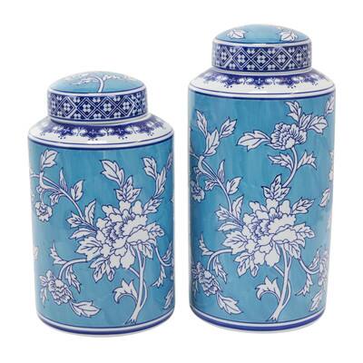 Blue Ceramic Decorative Jar Set with White Floral Patterns | Michaels