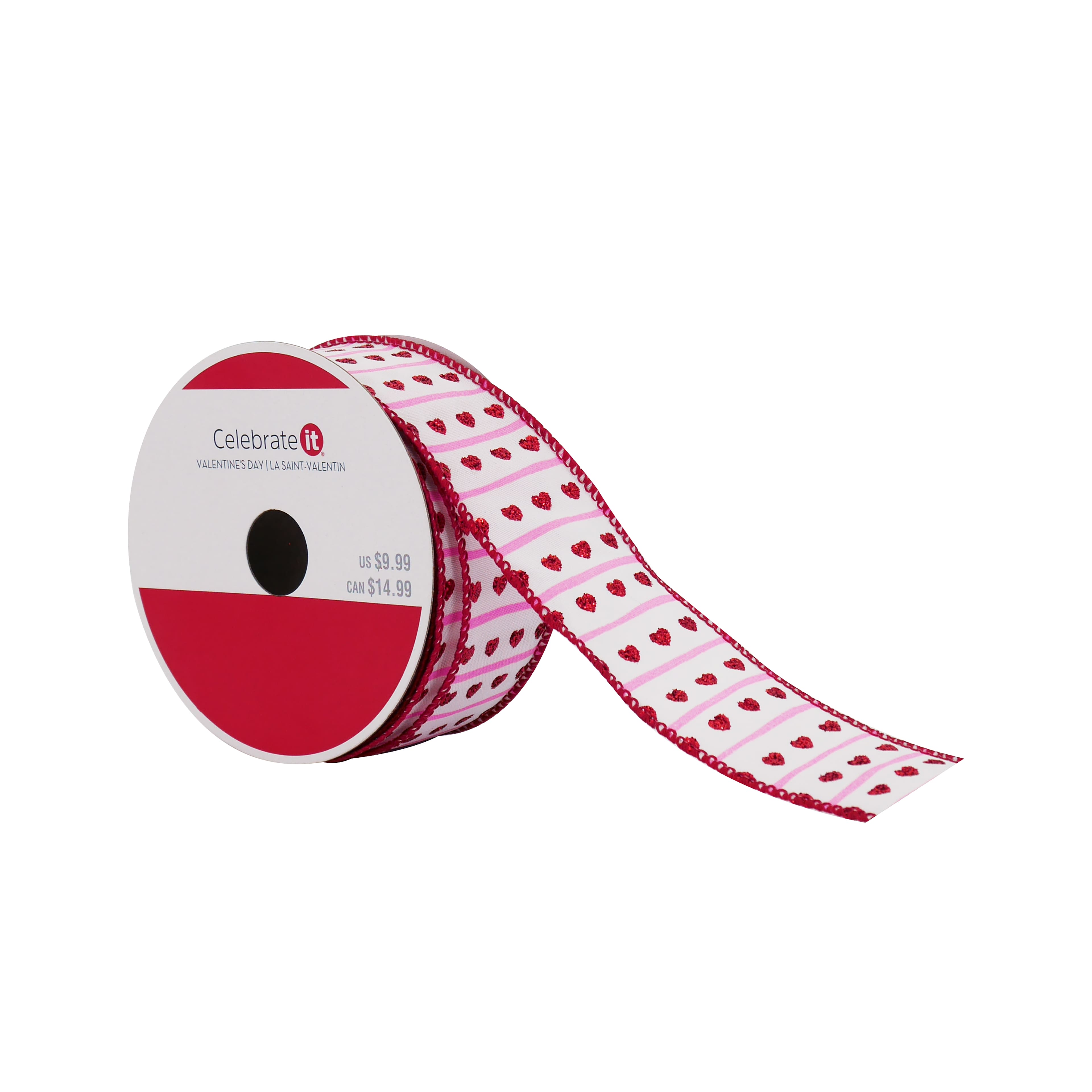 1.5" x 30ft. Pink Stripes & Red Hearts Wired Ribbon by Celebrate It ...