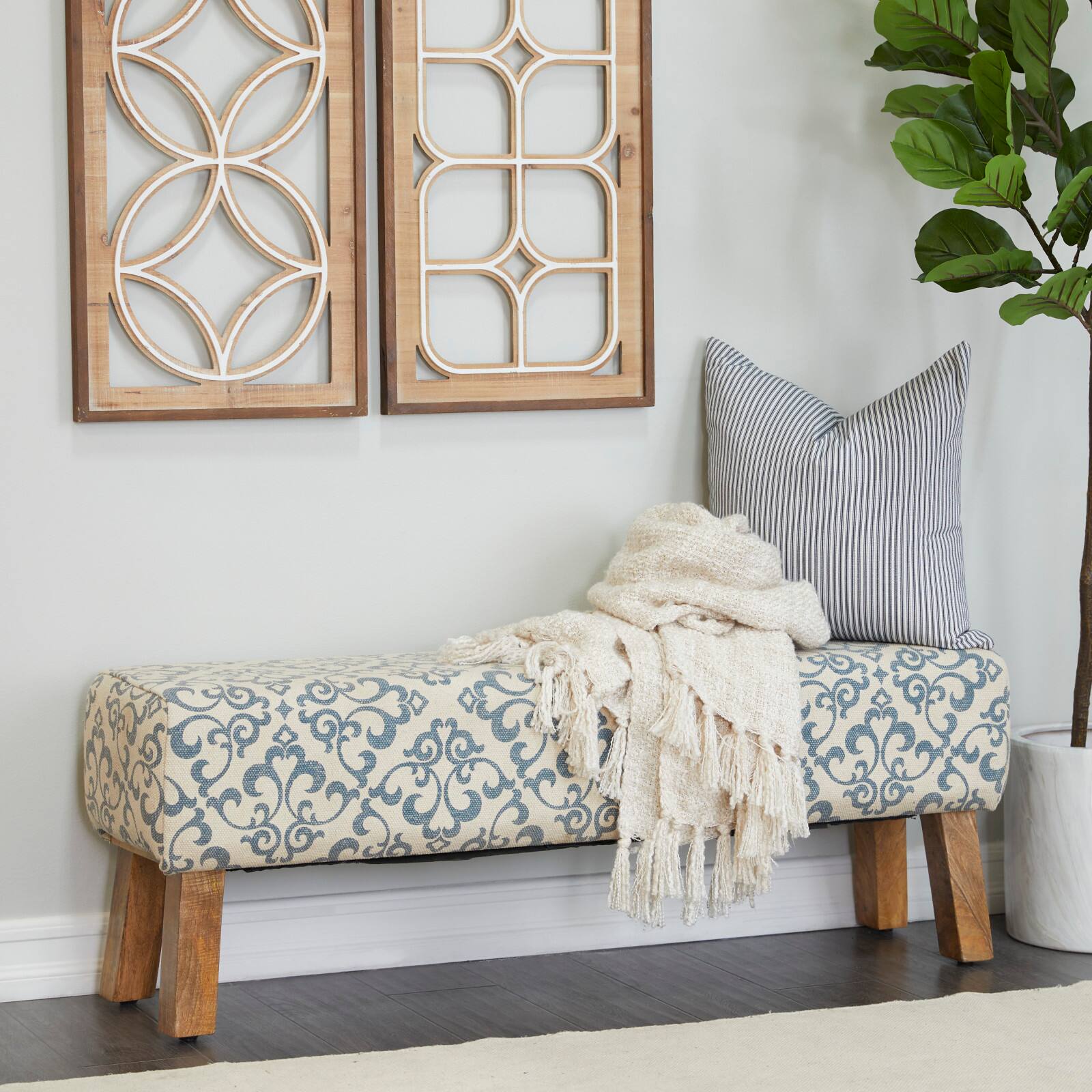 50" Cream Fabric Arabesque Scroll Bench with Wood Legs | Michaels