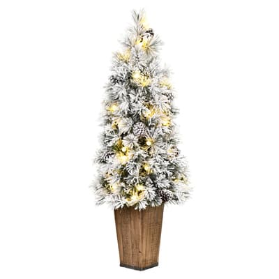 4.5ft. Pre-Lit Flocked Kimball Pine Artificial Christmas Tree in Decorative Planter, Warm White ...