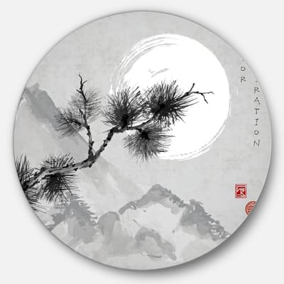 Designart - Pine Tree Branch' Disc Japanese Circle Metal Wall Art ...