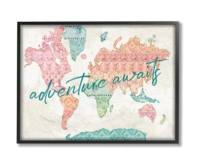 Stupell Industries Adventure Awaits Phrase Macrame Pattern World Map in ...