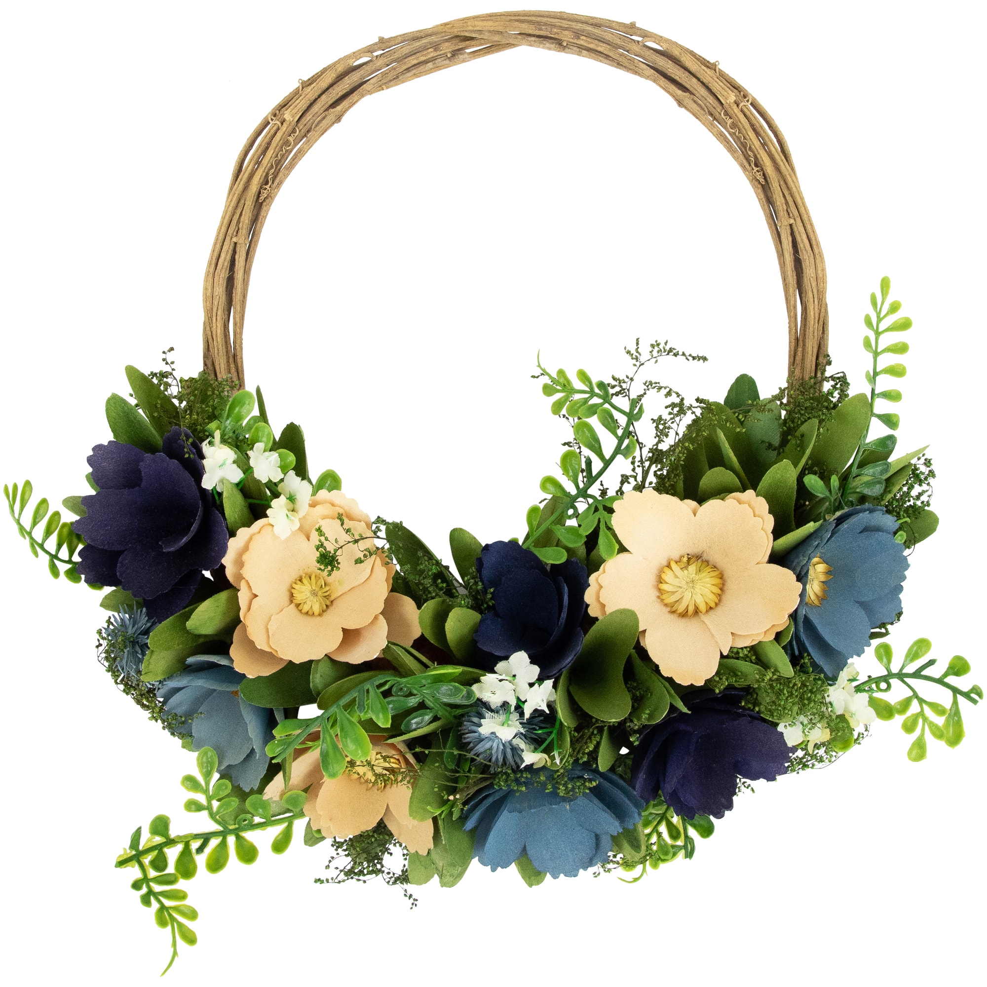 12" Blue & Tan Poppy Floral Wooden Spring Basket Wreath | Michaels
