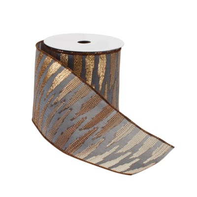 4" x 10ft. Gray & Metallic Gold Wired Abstract Ribbon | Michaels