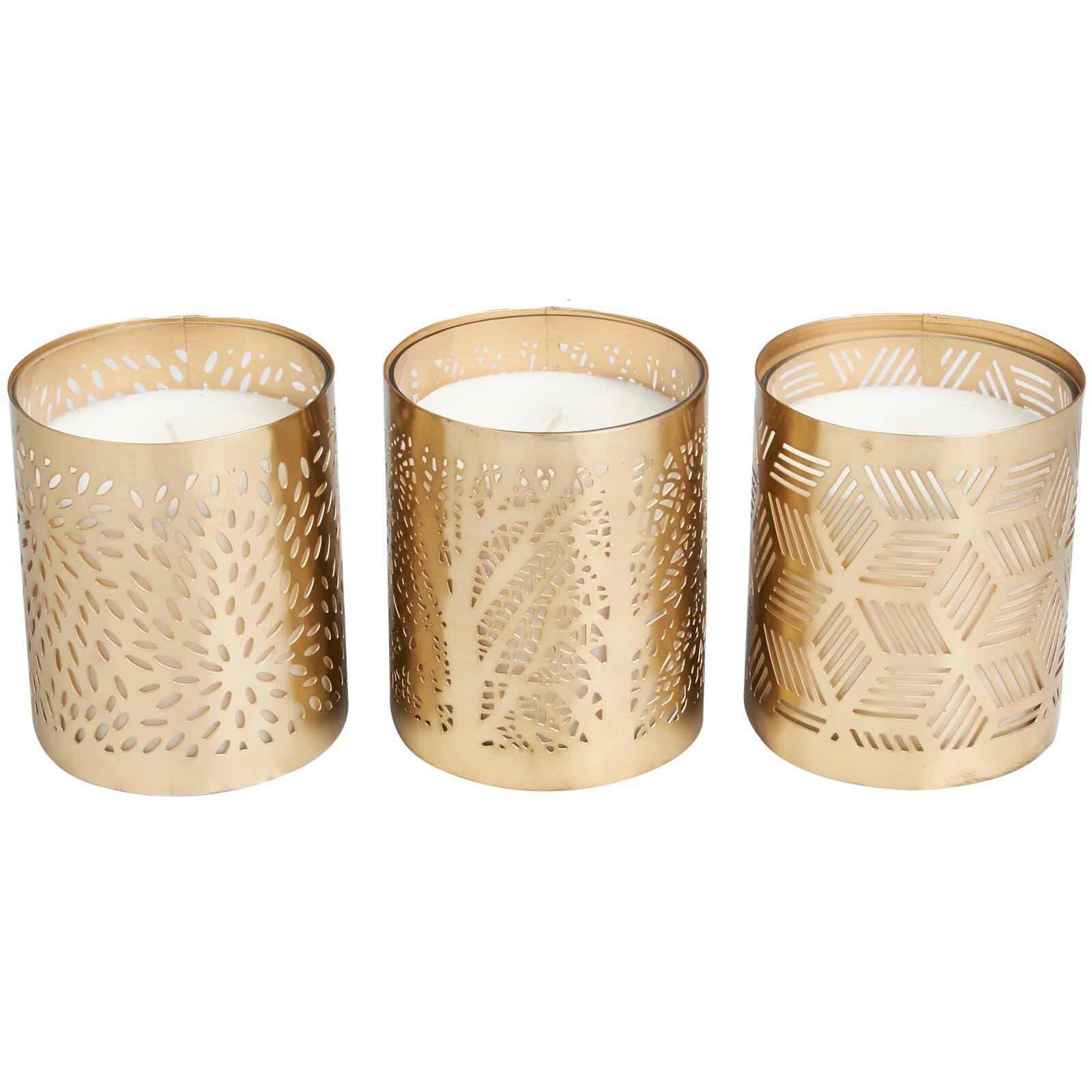 White Wax Campfire Scented Candle Set with Geometric Gold Containers ...