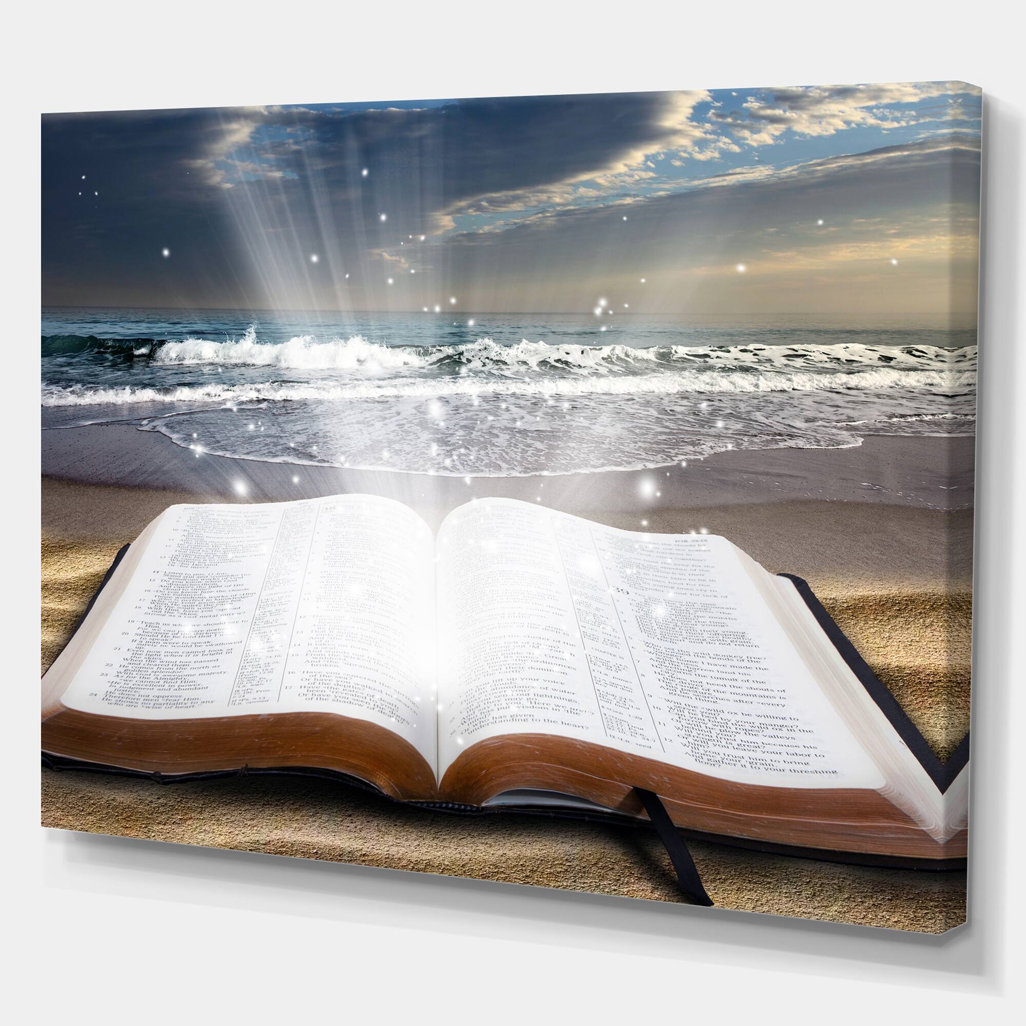 Designart - Jesus Bible at beach - Religious Art on Wrapped Canvas ...
