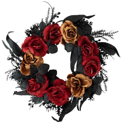 22" Red & Gold Roses with Black Foliage Halloween Wreath | Michaels